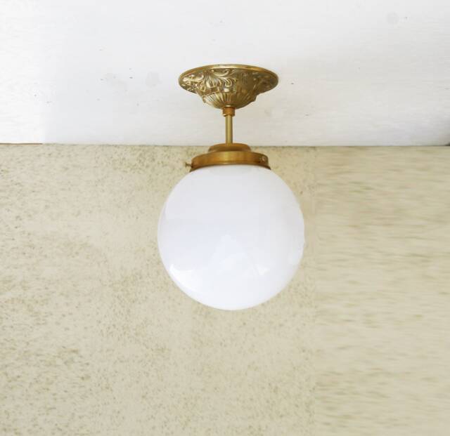 Brass Ceiling Light With Opal Gloss Schoolhouse Shade, Ceiling Fixture ...