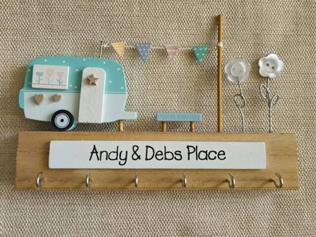 Personalised Wooden Key Holder, Caravan & Bunting Cute Storage. Family ...