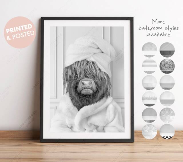 Black & White Highland Cow in A Bathrobe Print, Bathing, Funny Bathroom ...