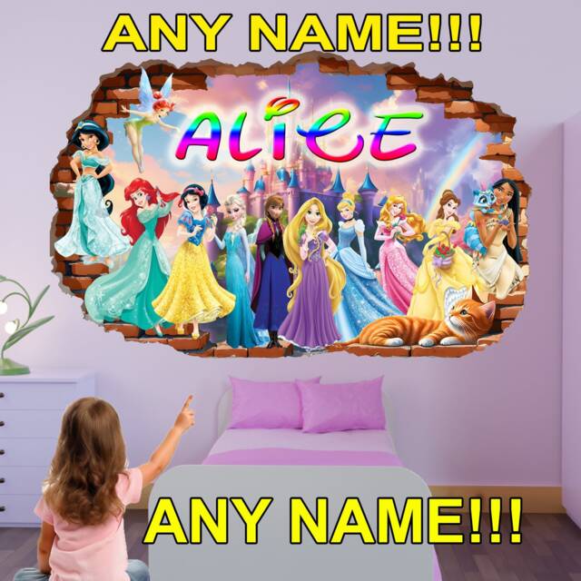 Princess Characters Personalised Name Wall Sticker Decal Mural Poster ...