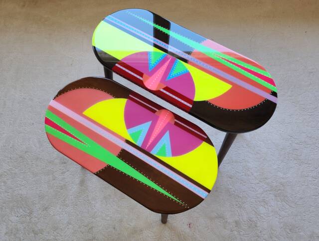 Oval Yellow Pink Resin Side Tables, Colorful Painted Wood Art Coffee ...