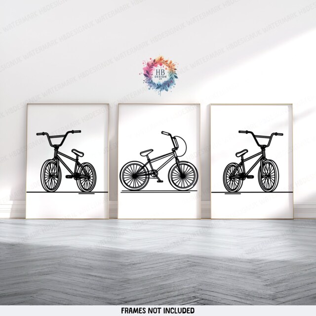 Black Bmx Bike Prints - Set Of 3 Posters - Biking Wall Art Decor Line ...