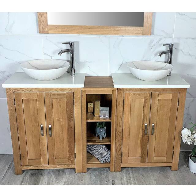 Bathroom Vanity Unit - Sink Washstand Slimline Oak With White Quartz ...