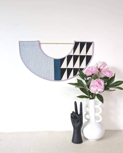 Contemporary Quilted Wall Hanging - Semi Circle Quilt Bold Graphic Triangles in Black, Blue ...