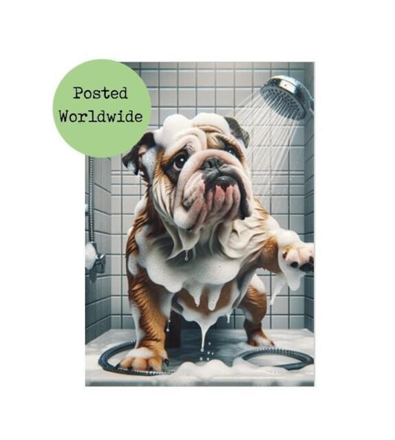 British Bulldog in Shower Print - Funny Dog in Bathroom Picture English ...