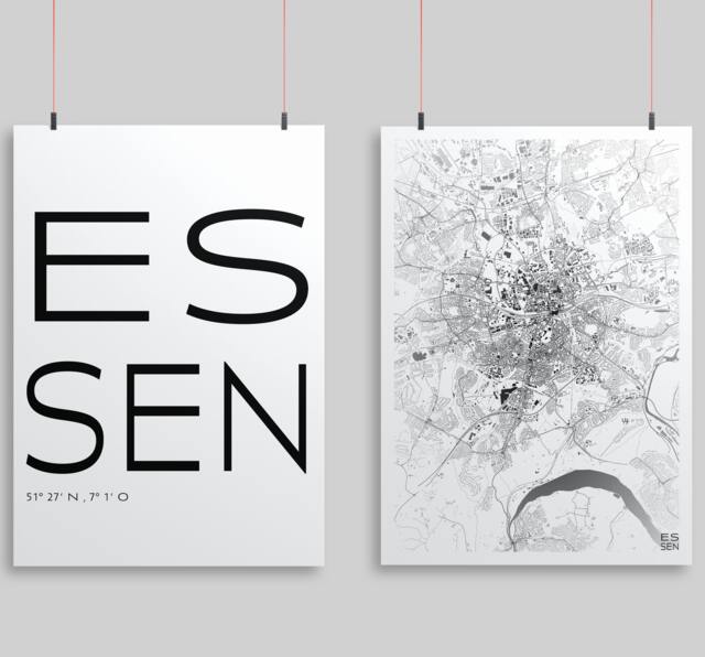 Premium Set Of 2 City Poster Essen I Map & Lettering Quality Printing ...