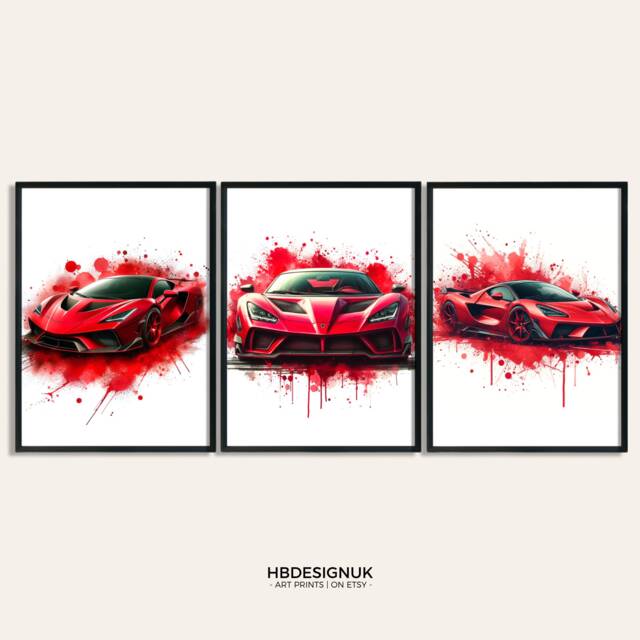 Red Car Print Poster Set - Of 3 Posters - Watercolour Painting Boys ...