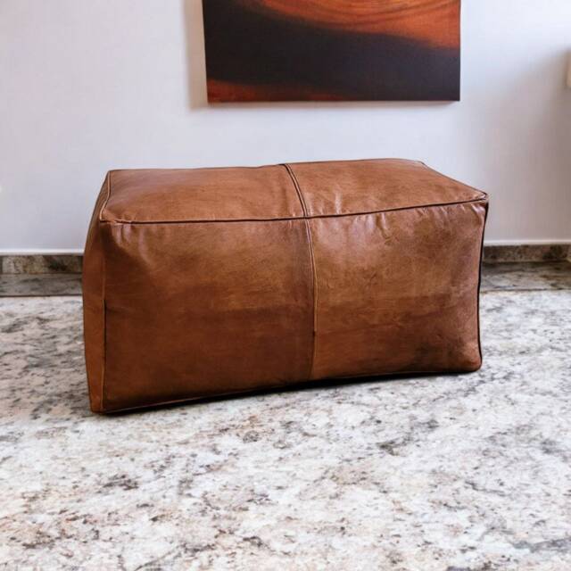 Rectangle Morrocan Pouf, Brown Leather Side Table, Large Ottoman Chunky ...