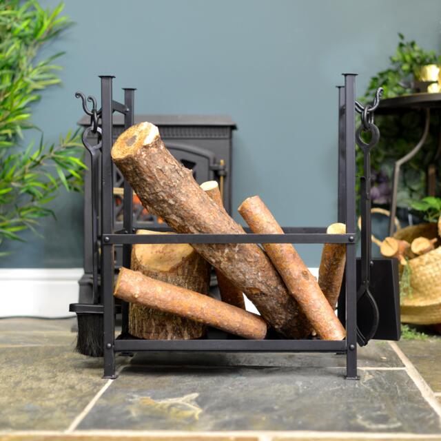 Black Log Rack & Holder With Fireside Tools/ Metal Industrial Style ...