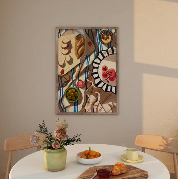 Summer Picnic Painting Art Poster, Vintage Food Print, Uplifting Trendy Retro Mid Century Modern ...