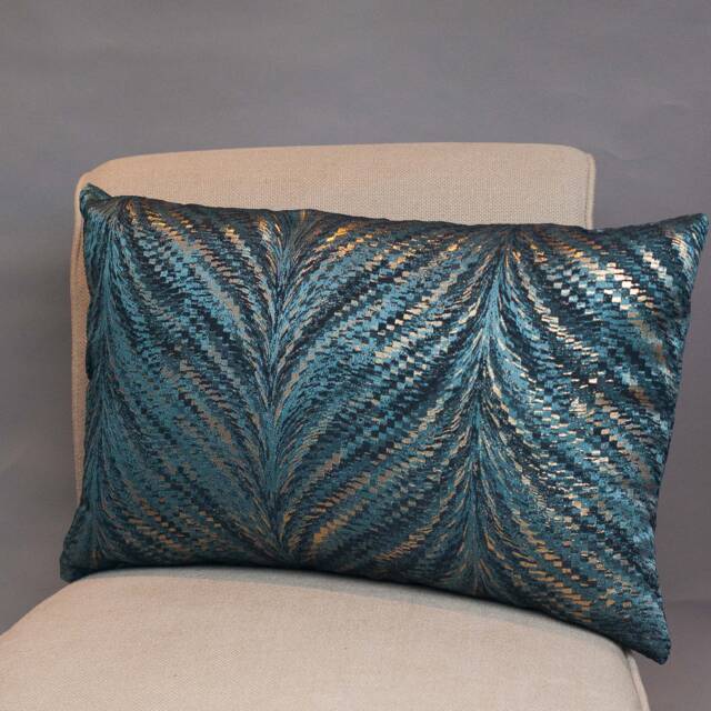 Luxury Metallic Feather Fan Xl Rectangular Cushion in Teal Blue. Double ...