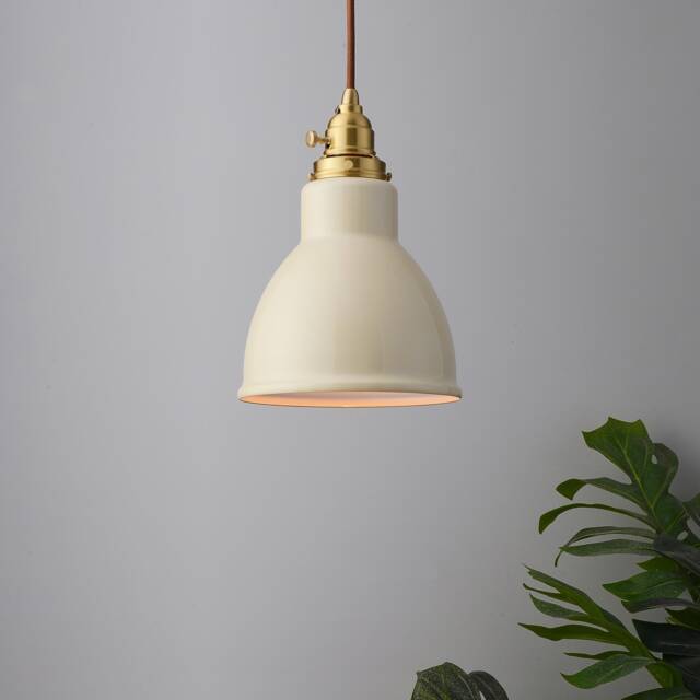 Beige Porcelain Enamel Shade Pendant Light - 7.5In Metal Dome Lamp ...