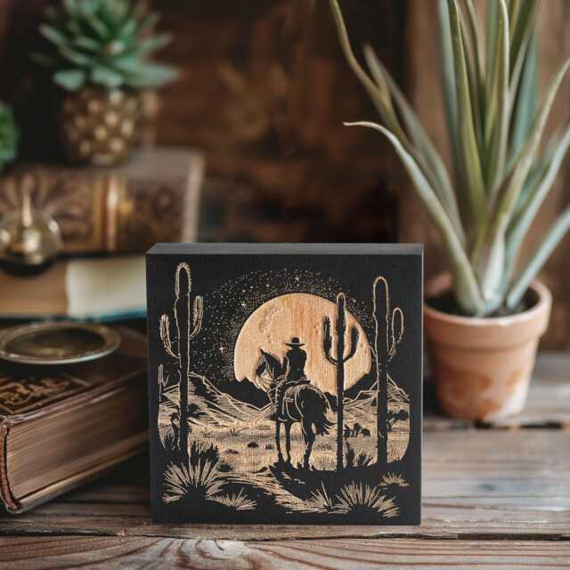 Desert Moon Scene Mini Engraved Birch Wood Panel - Block Print Style ...