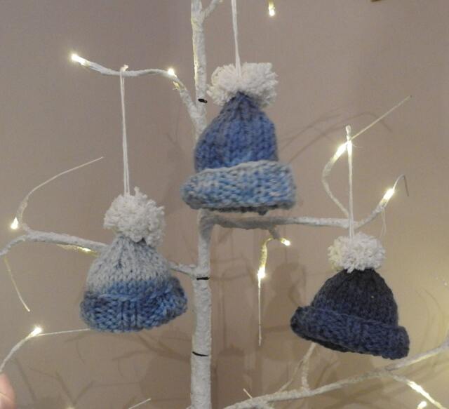 A Trio Of Blue Hand Knitted Mini Christmas Bobble Hats Tree Ornaments ...