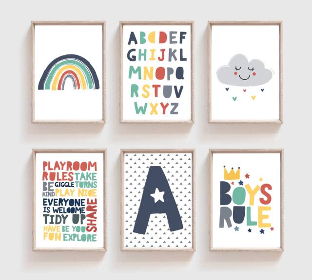 Set Of 6 Boys Nursery Prints, Playroom Bedroom Decor, Name Print, Wall ...