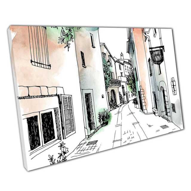 Old Town France Watercolour Urban Sketch Canvas Art Print For Home ...