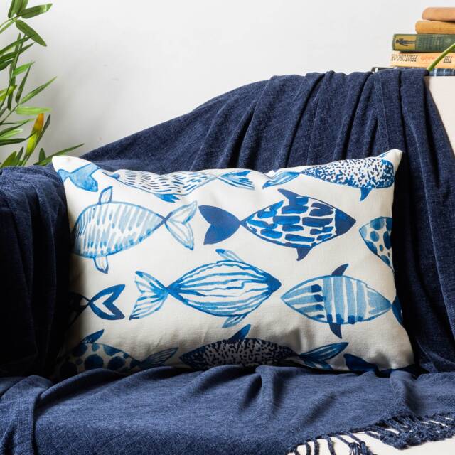 Tropical Fish Print Boudoir Cushion Cover. Nautical Watercolour Blue ...