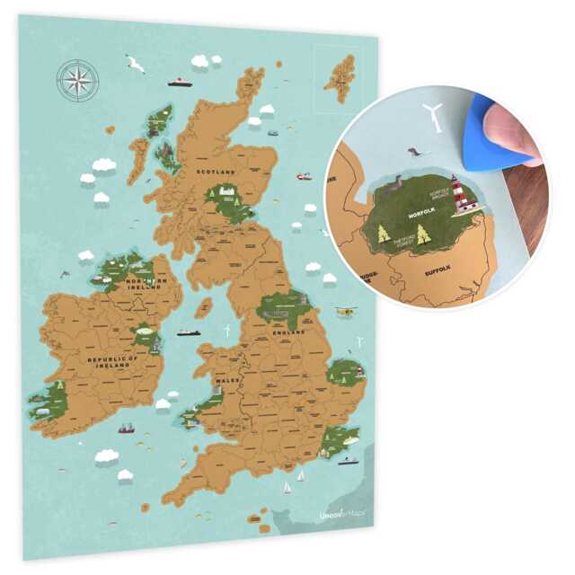 UK & Ireland Scratch Off Map - A2 Travel Poster With Illustrated ...