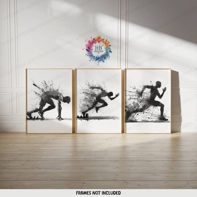 Black Athletics Print Set - Of 3 Runner Posters - Sprinter Art Painting ...