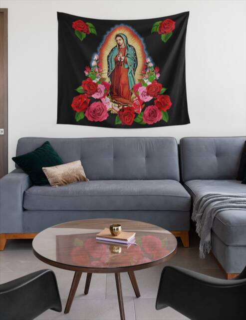 Virgin Mary Tapestry, Our Lady Of Guadalupe Black Fabric Wall Hanging ...