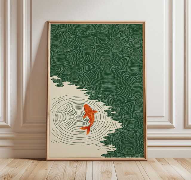 Koi Fish Wall Art, Japanese Ripple Illustration, Minimal Green & Orange ...