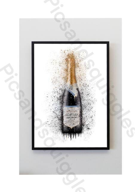 Black, Sparkling Wine, Bottle, Prosecco, Champagne, Splatter, Art Print ...