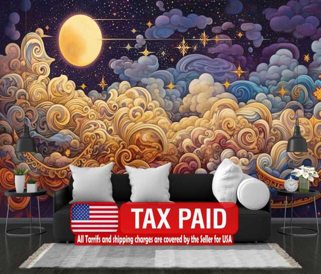 Clouds, Sun, Stars Mural Wallpaper - Peel & Stick, Washable by Etsy ...