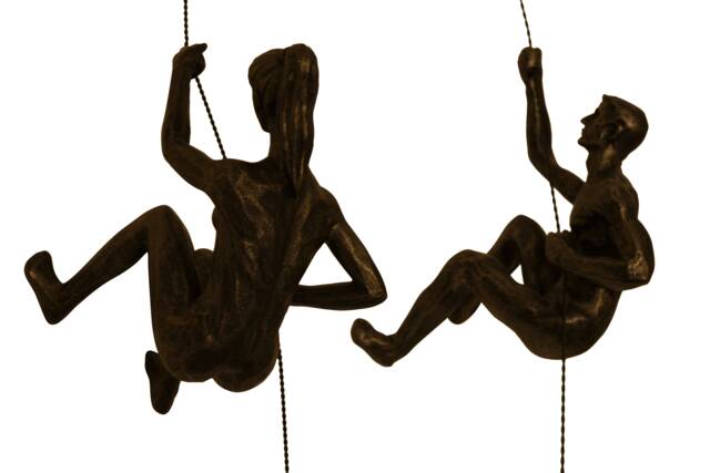 Large X3 Bronze Colour Climbers Male & Female Abseiling Hanging On Wire ...