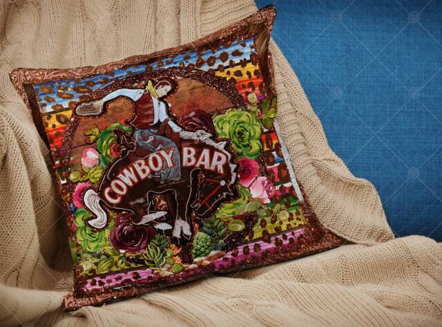 Linen Pillow Cover - Vintage Rodeo Cowboy Bar Bucking Bronc Western ...