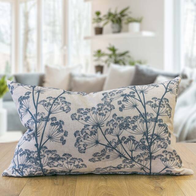 Cow Parsley Xl Rectangular Cushion in Denim Blue & Natural Beige ...