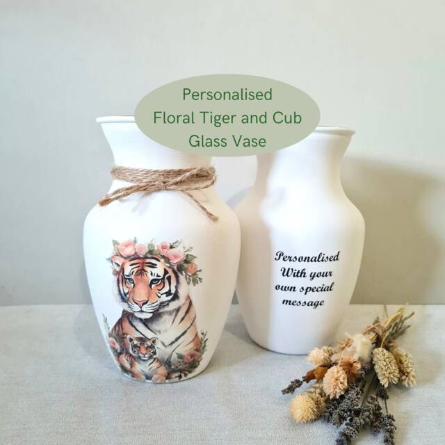 Personalised Floral Tiger & Cub Vase, Safari Animals Tigers Flower ...
