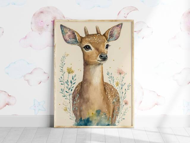 Nursery Wall Art Print Cute Doe Painting Boho Gift For A New Mum Kid's ...