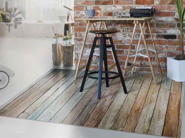 Over The Lake Linoleum Rug, Blue Vinyl Bronze Mat, Wood Floor Kitchen ...
