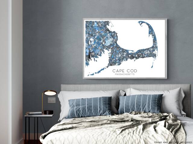 Cape Cod Map Of Art Print, Denim Blue Geometric Wall Poster ...