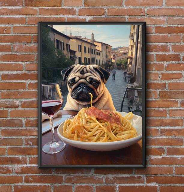 Italian Inspired Pug Eating Spaghetti Funny A4 Art Print, Kitchen ...