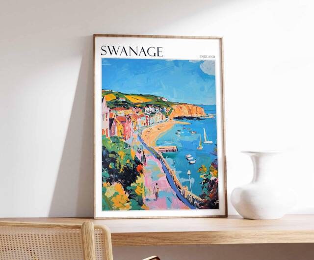 Swanage Beach Poster Dorset Coastal Art, Jurassic Coast Print by Etsy ...