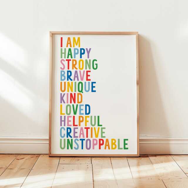 I Am Affirmation Wall Art Print -- Kids Positive Quote Poster, Rainbow ...
