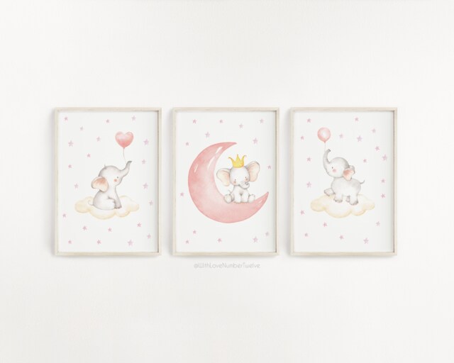 Pink Elephant Print Trio Set - Nursery Wall Art - Nursery Decor Animal ...
