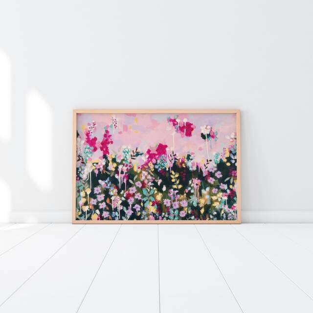 Magenta Skies & Blooming Flower Field - Botanical Art Print by Etsy ...