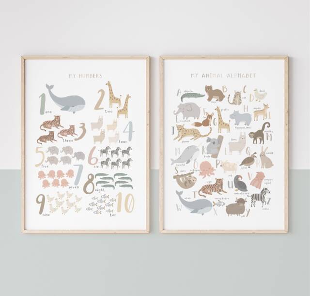 Animal Alphabet & Numbers Print Set in Neutral, Educational Prints ...