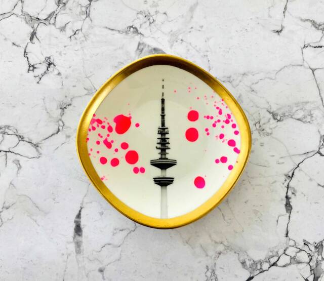 Wall Plate Hamburg Tv Tower 10 cm Dots Pink Vintage Deko Deko Gold Edg ...
