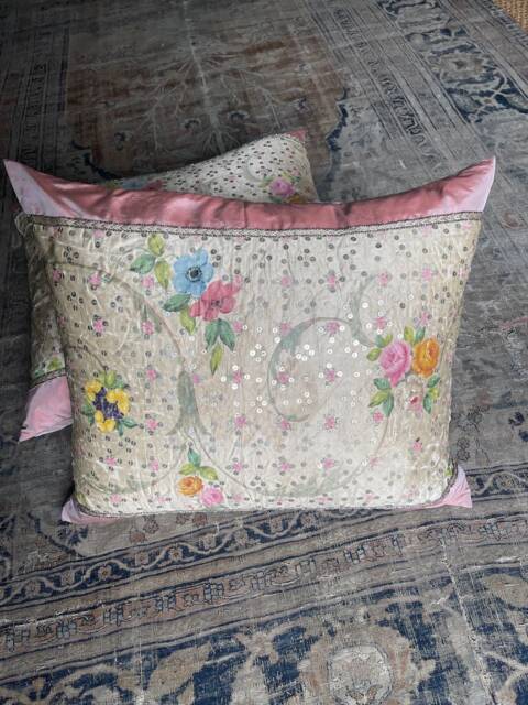 Bespoke Antique Silk Cushion 18Th Century Painted Rococo Pillow Hand ...