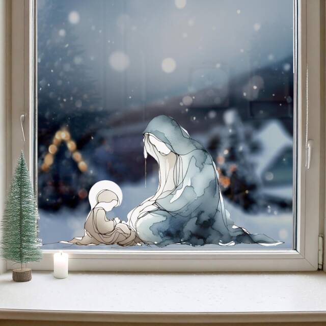 Mary & Baby Jesus Watercolour Nativity Scene Window Decal - Seasonal ...