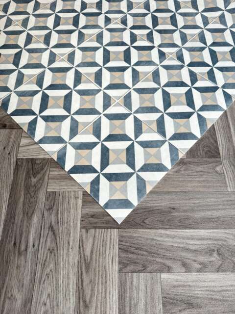 Blue Runner Floor Mat in Geometric Tile Pattern For Kitchens & Hallways ...