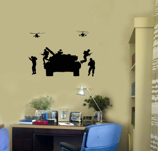 Military Vinyl Wall Decal Tanks Helicopters Soldiers War Art Room Decor ...