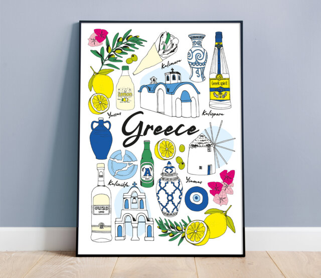 Greece Illustrated Art Print, Greek Holiday Island, Wall Art, Travel ...