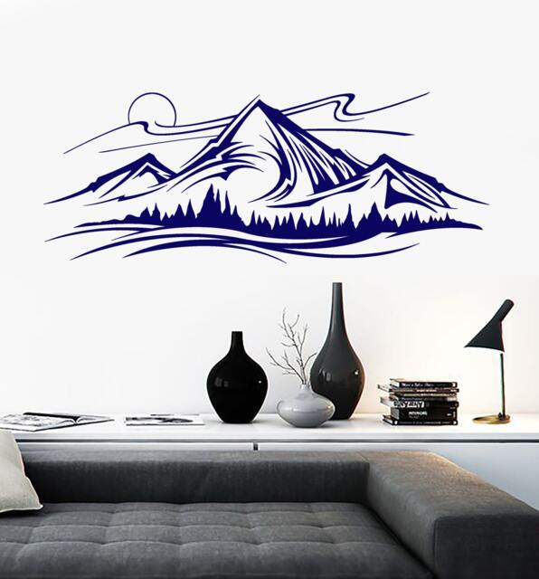 Wall Vinyl Decal Mountains & Trees Night Sky Nature Landscape Hand ...