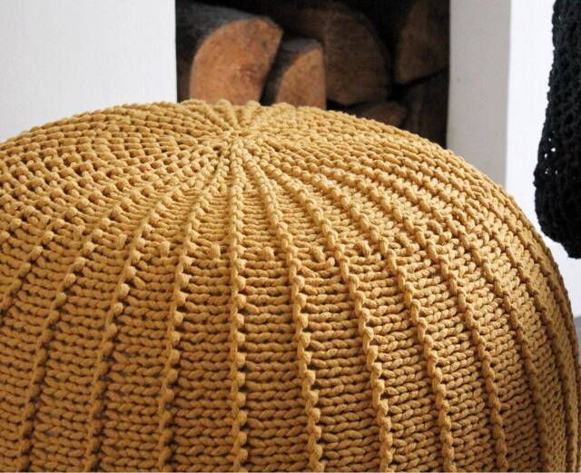 Knitted Footstool Pouf, Large Pouf Ottoman, Yellow Home Decor, Pouffe ...