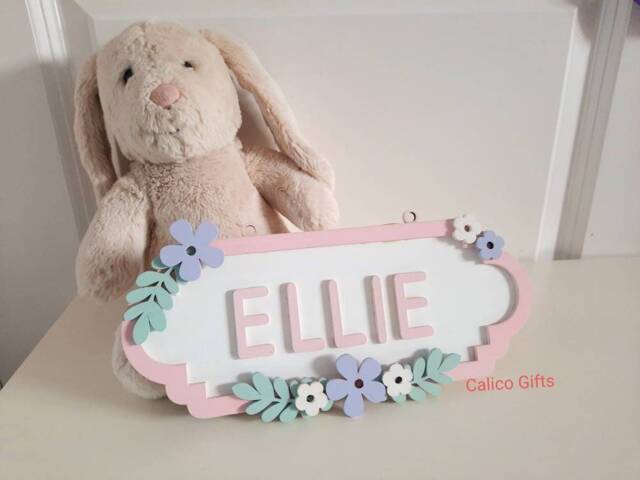 Flowery Sign Personalised New Baby Gift Girl Name Plaque Door Street ...