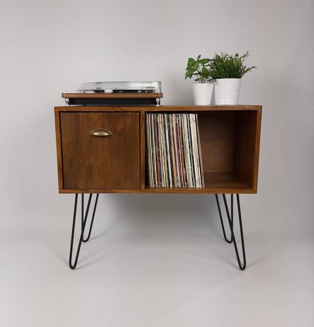 Walnut Vinyl Record Storage Cabinet - Mid Century Modern Media Console ...